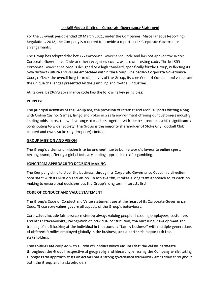 ENGbet365CorporateGovernanceStatement2022 | PDF | Governance ...