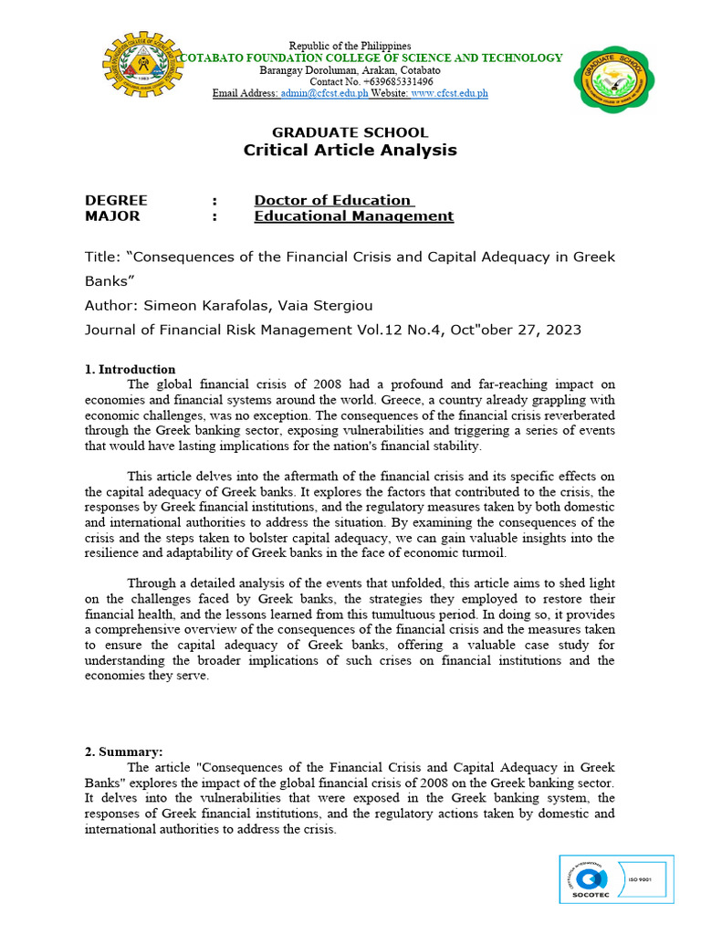 Greek Banks: Financial Crisis Impact Analysis | PDF | Methodology | Banks