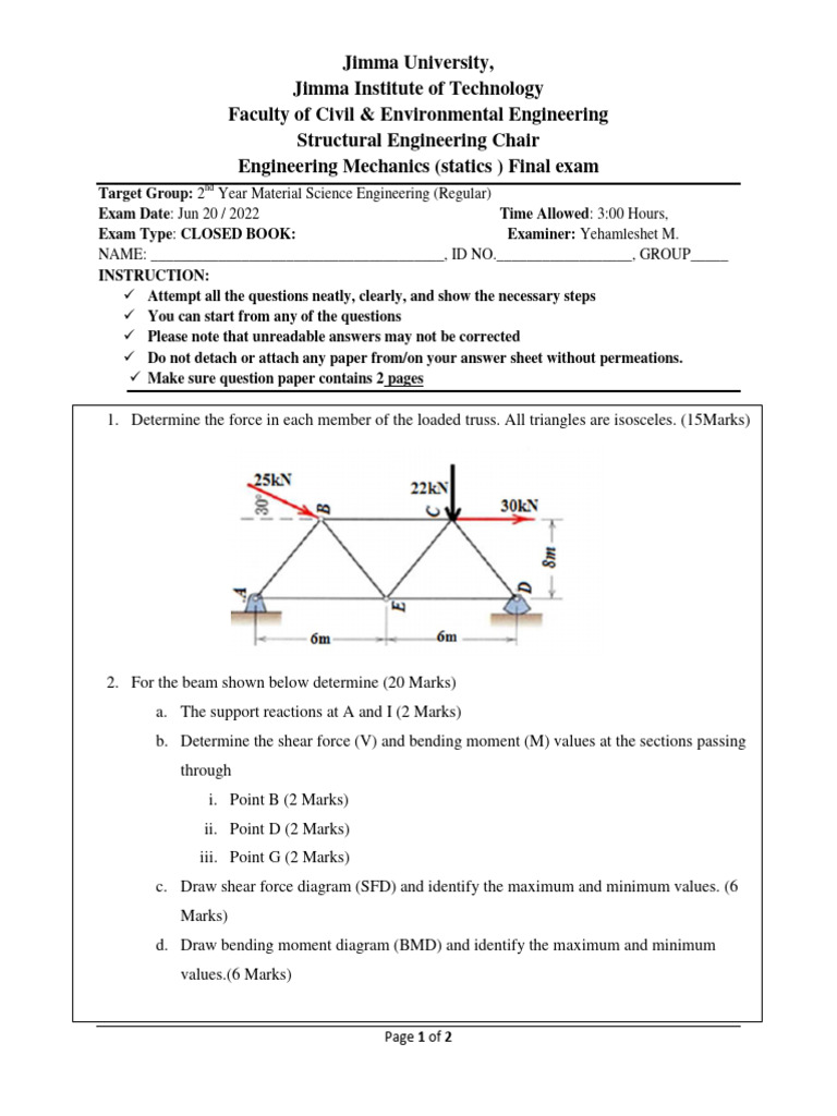 Engineering Mechanics Final Exam 2022 | PDF | Teaching Methods & Materials