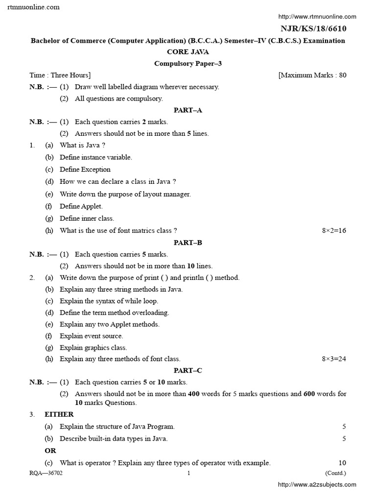 Bcca 4 Sem Core Java Paper 3 Summer 2018 Pdf Java Programming Language Computer Programming