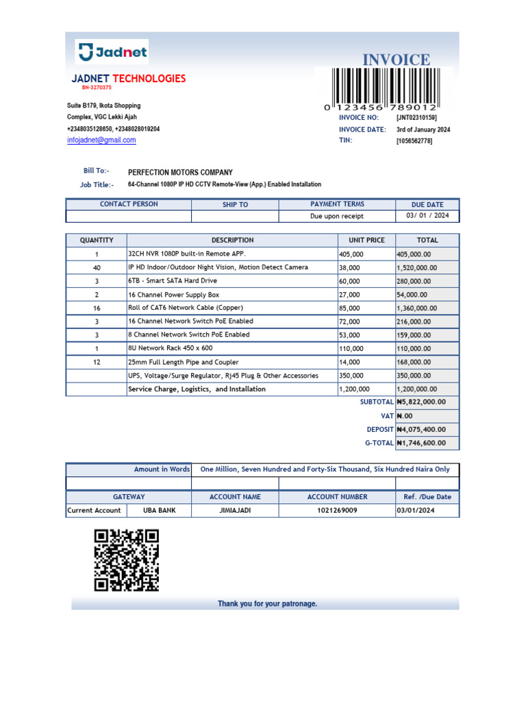 BALANCE INVOICE-JNT02310159-64CH CCTV INSTALLATION | PDF | Invoice ...