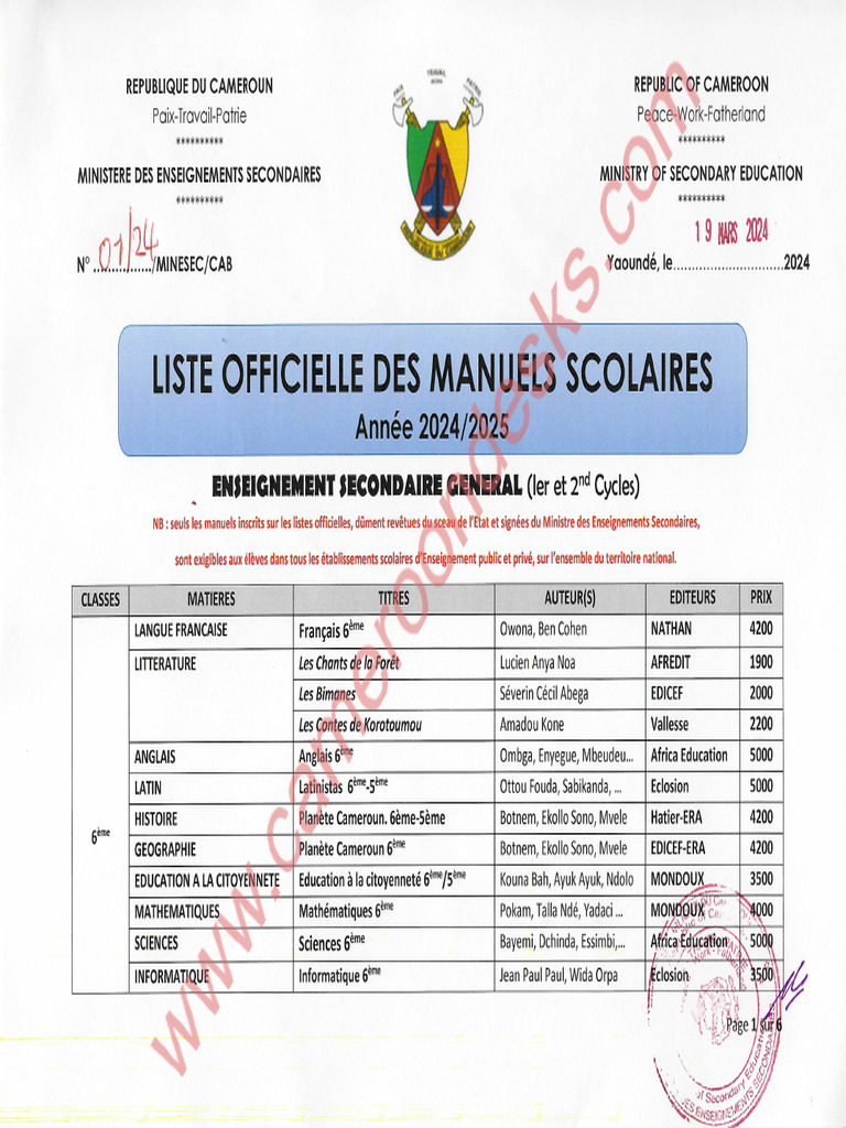Liste Manuels Scolaires MINESEC, ESG, 2024-2025 - Watermark | PDF