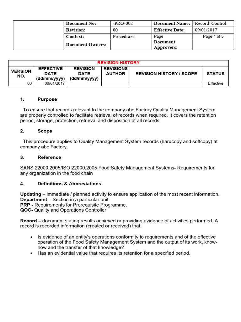 PRO-002 Record Control Procedure | PDF | Information | Data