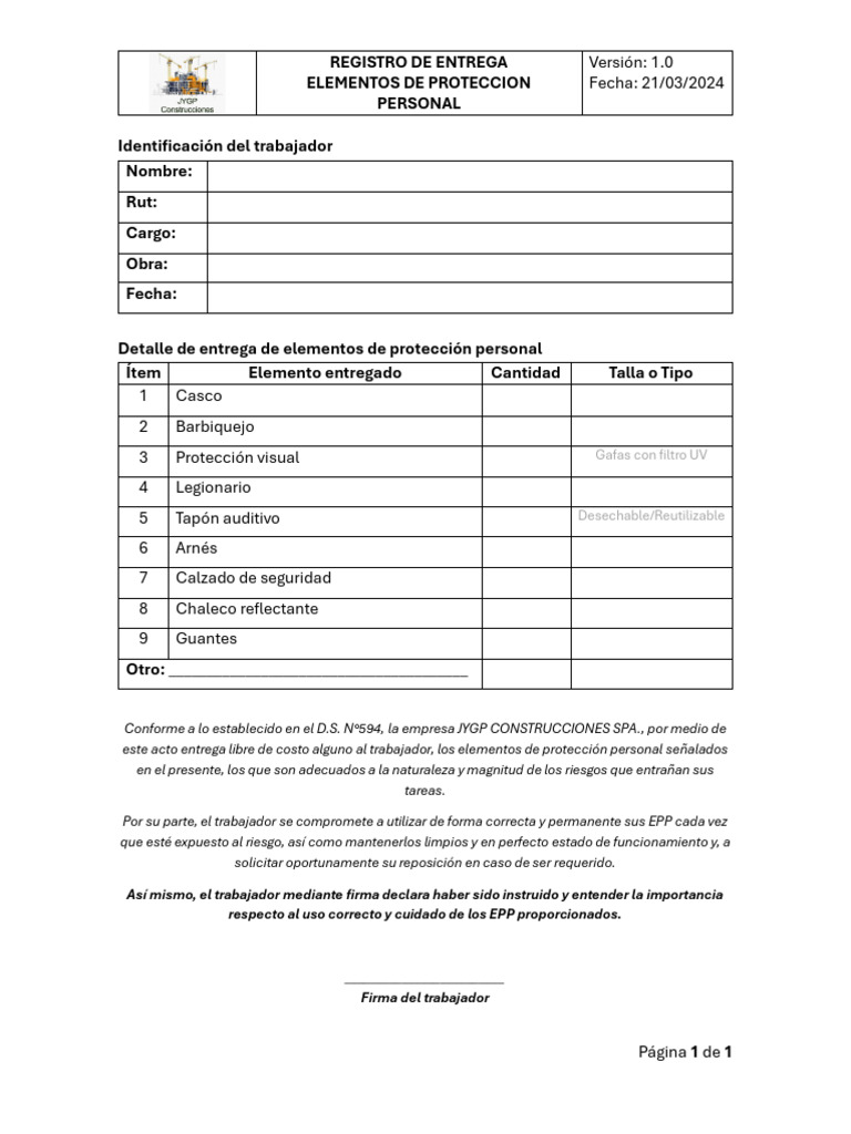 REGISTRO DE ENTREGA - EPP | PDF