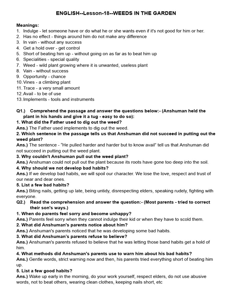 ENGLISH - Lesson-18 - WEEDS IN THE GARDEN | PDF