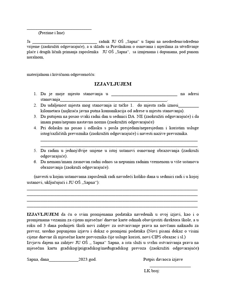 Zahtjev I Izjava Prevoz Radnika | PDF