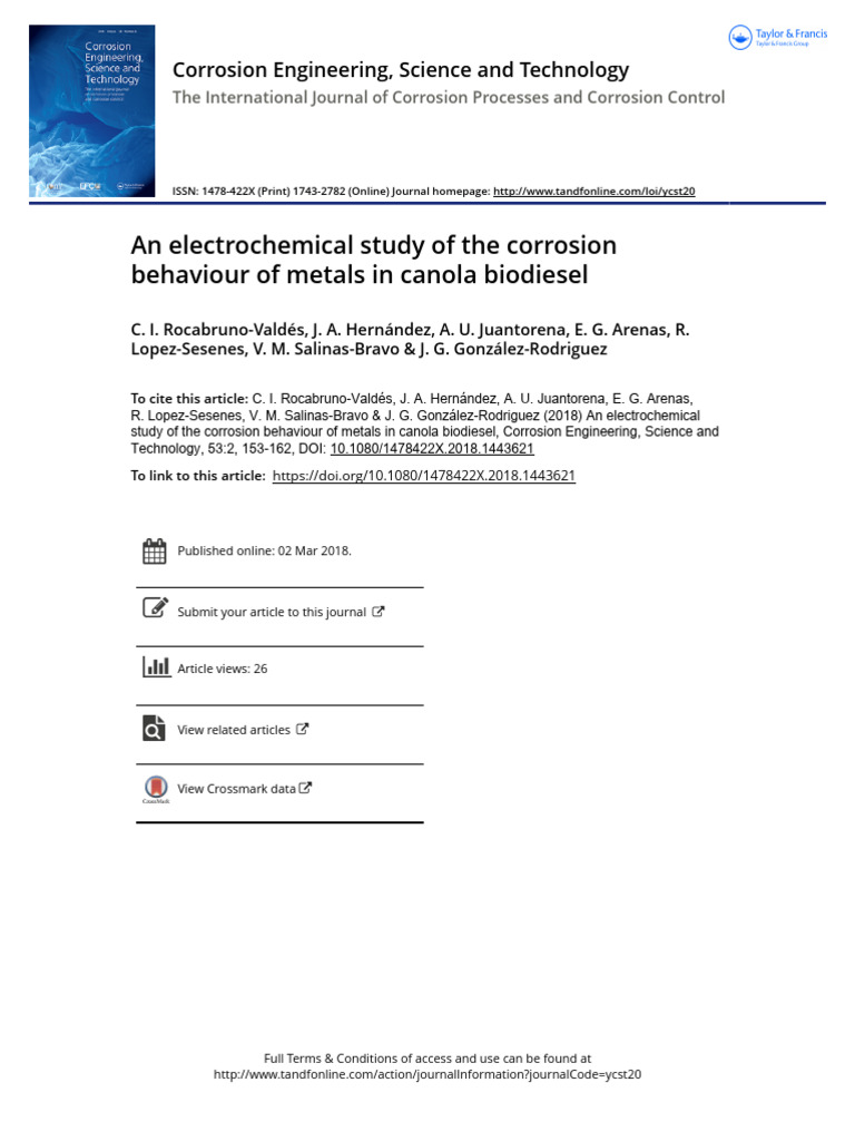 An Electrochemical Study of The Corrosion Behaviour of Metals in Canola Biodiesel | Download ...