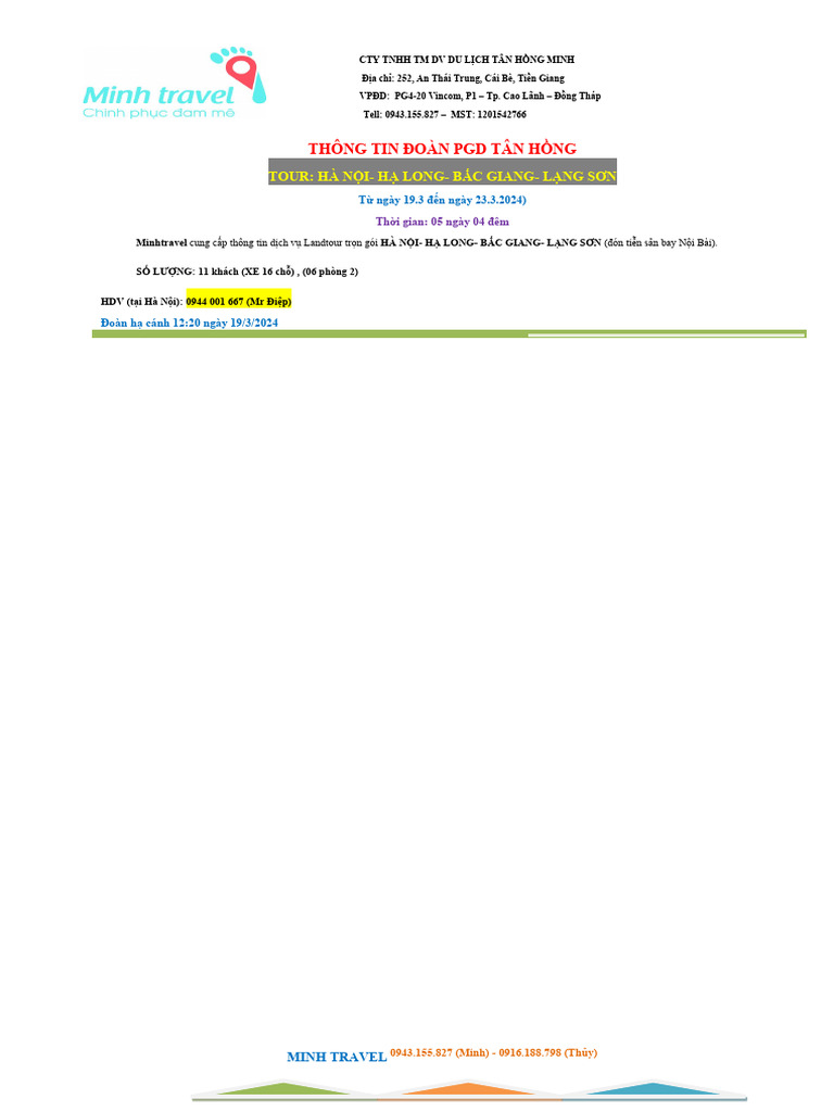 Thông Tin KS - HDV - MENU PGD TÂN HÔNG (HNOI 19-23.3) | PDF