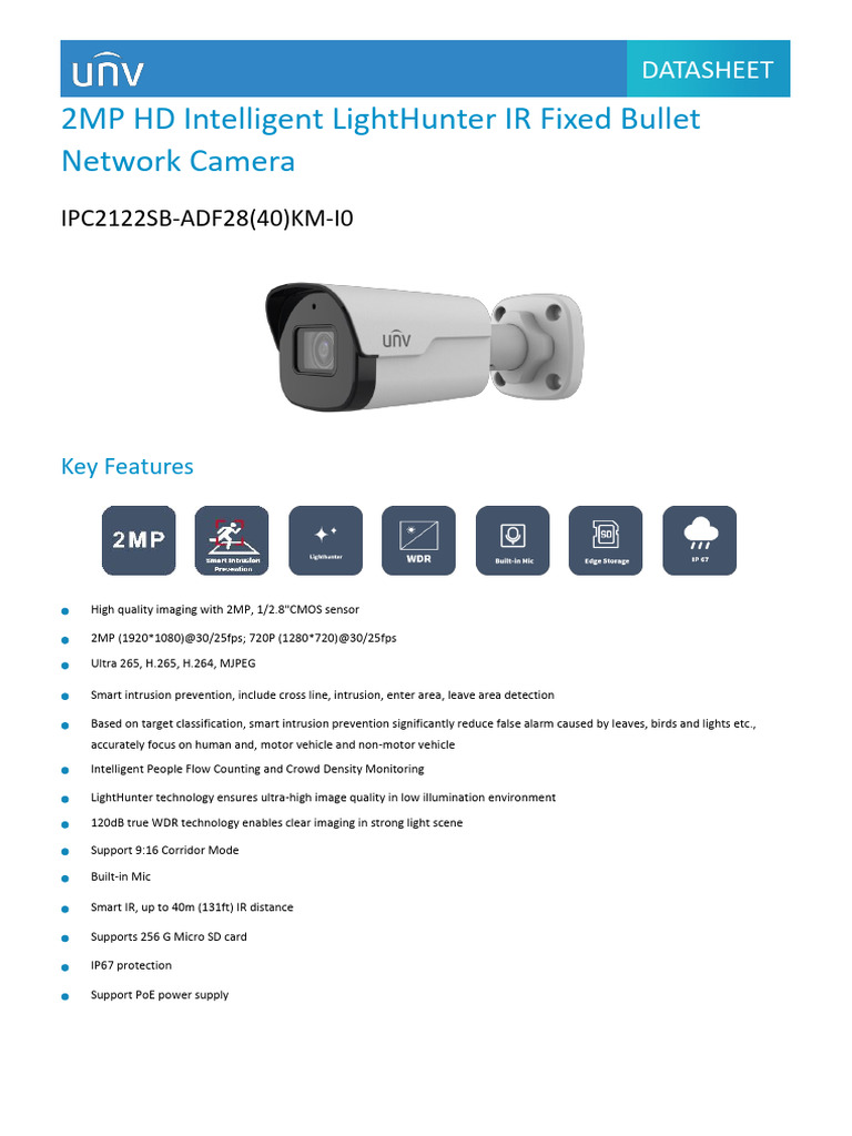 UNV 【Datasheet】IPC2122SB-ADF28 (40) KM-I0 2MP HD Intelligent LightHunter IR Fixed Bullet Network ...