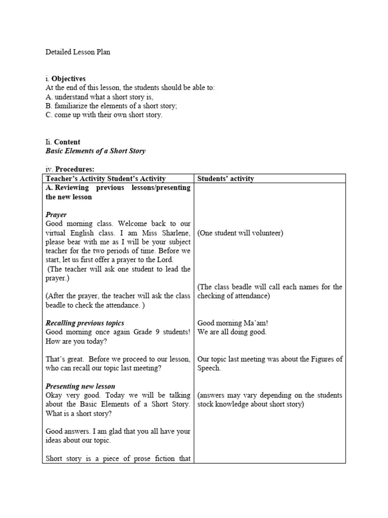 Detailed Lesson Plan | PDF | Plot (Narrative) | Lesson Plan