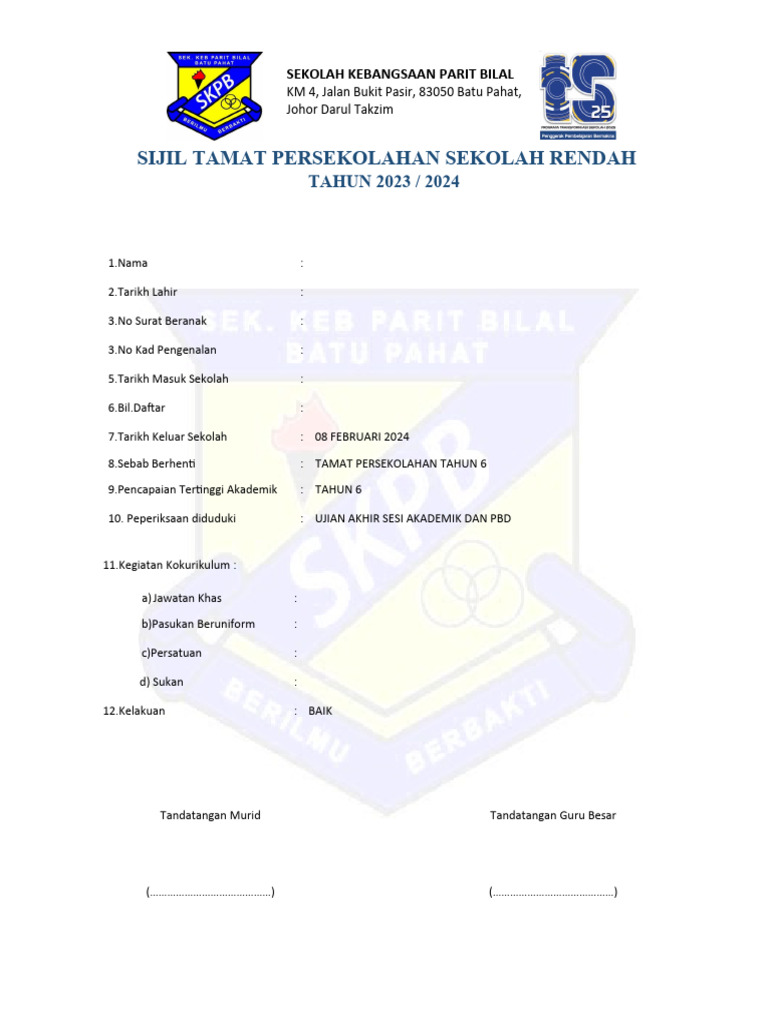 Template Sijil Berhenti Sekolah Tahun 6 2023-2024 | PDF