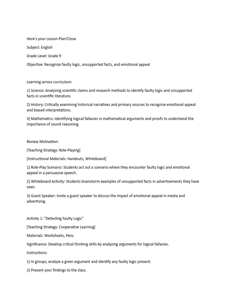 Co3 Lesson Plan English 9 | PDF | Fallacy | Logic