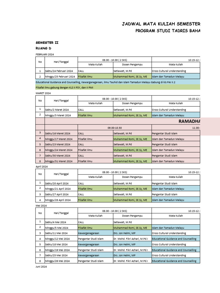 Jadwal Kuliah Genap 2023-2024 | PDF