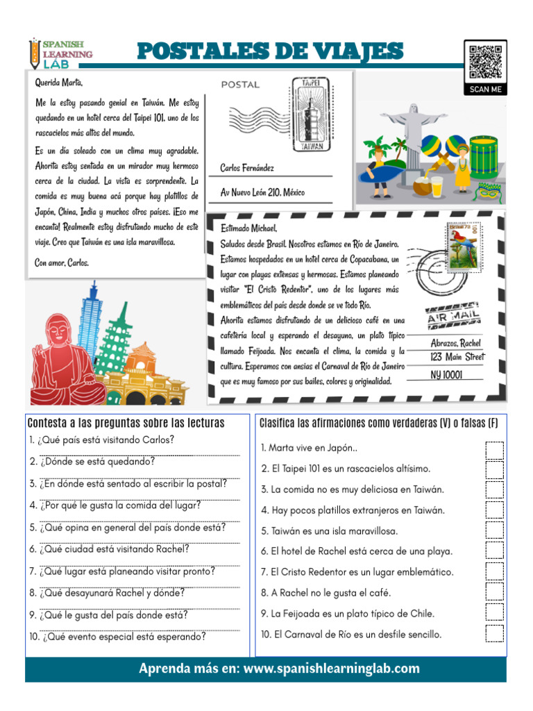 Postales de Viajes Travel Postcards Spanish PDF Worksheet | PDF