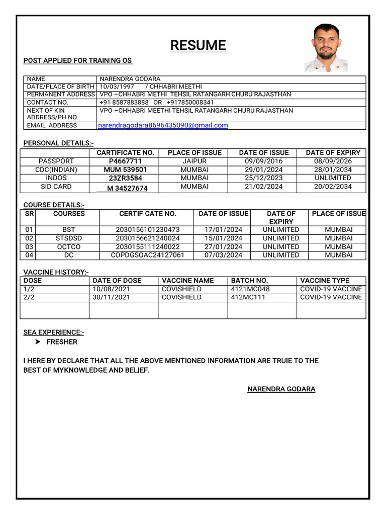 Resume of Narendra Godara for Training OS | PDF