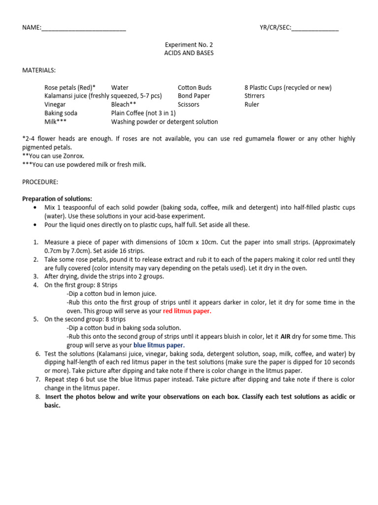 Litmus Paper Experiment for Acids and Bases | PDF | Paper | Sodium ...