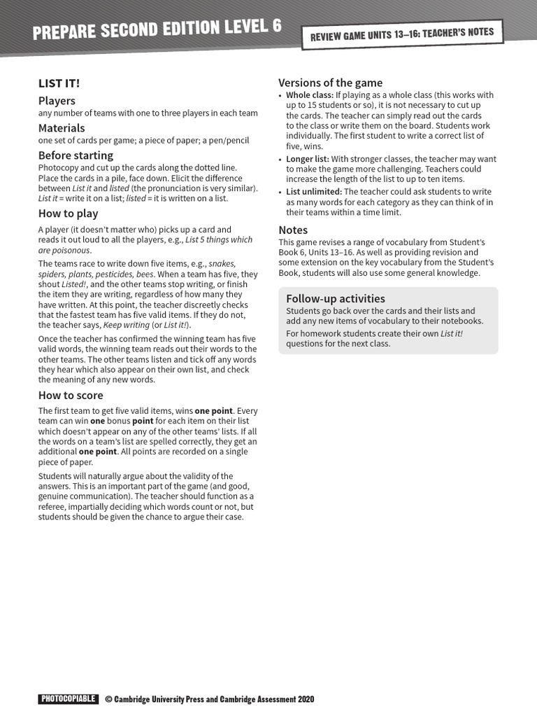 PREPARE - 6 - Review Game - Units 13-16 | PDF | Vocabulary | Human ...