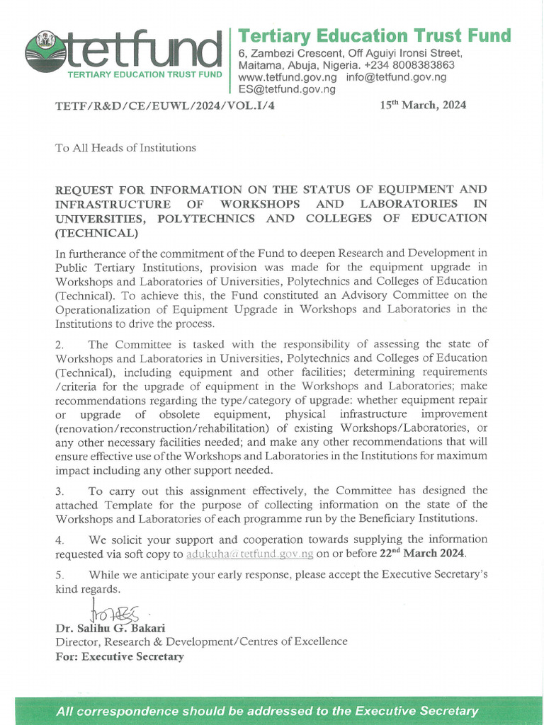 TetFund Letter To Beneficiary Institutions | PDF