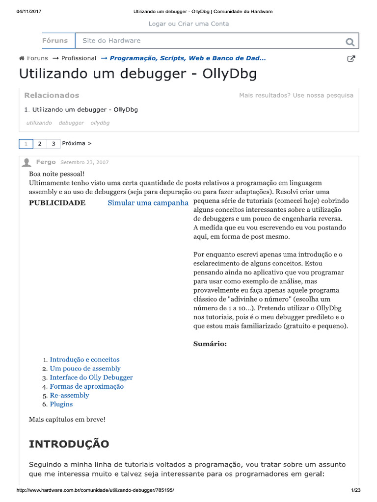 Utilizando Um Debugger - OllyDbg Comunidade Do Hardware | PDF