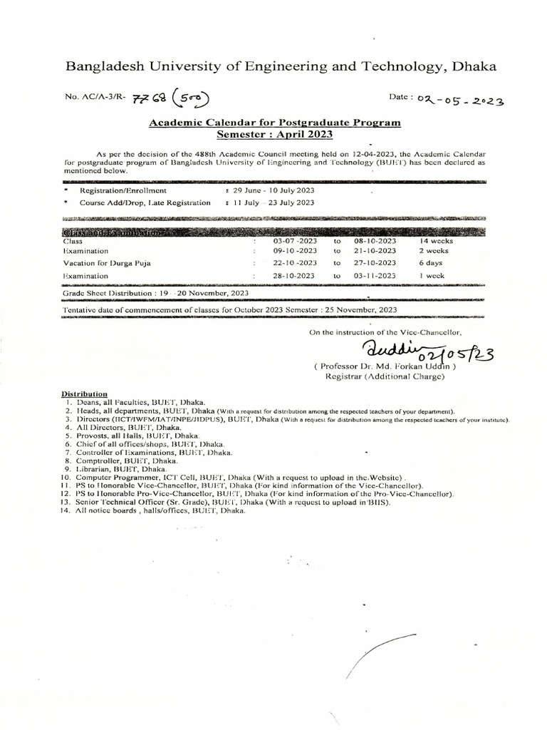 Academic Calendar For Postgraduate Program Semester April 2023 | PDF ...