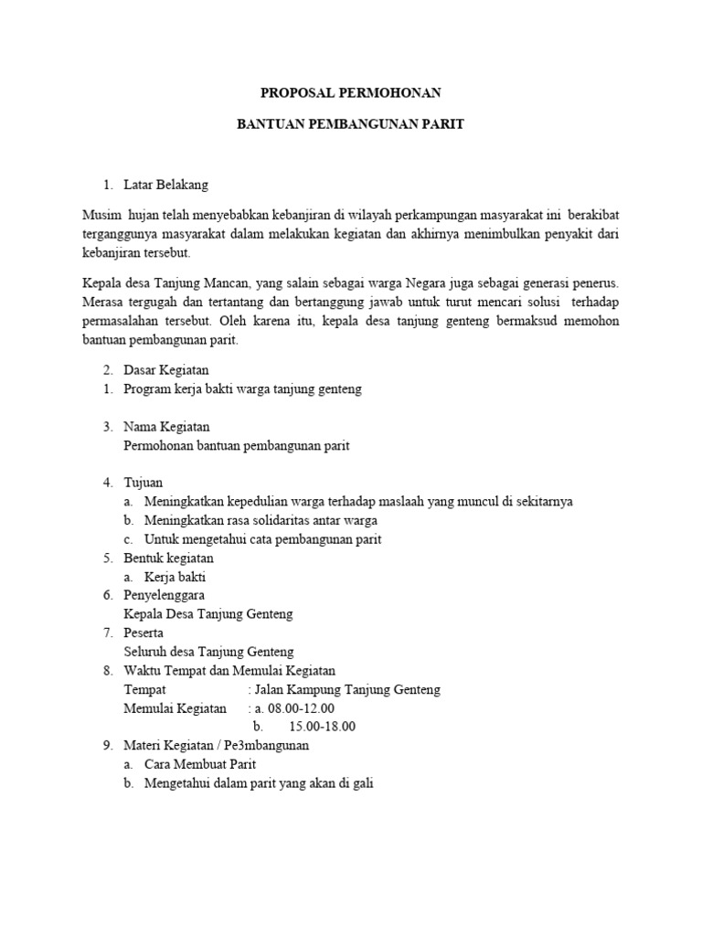 Proposal Permohonan Bantuan Pembangunan Parit | PDF