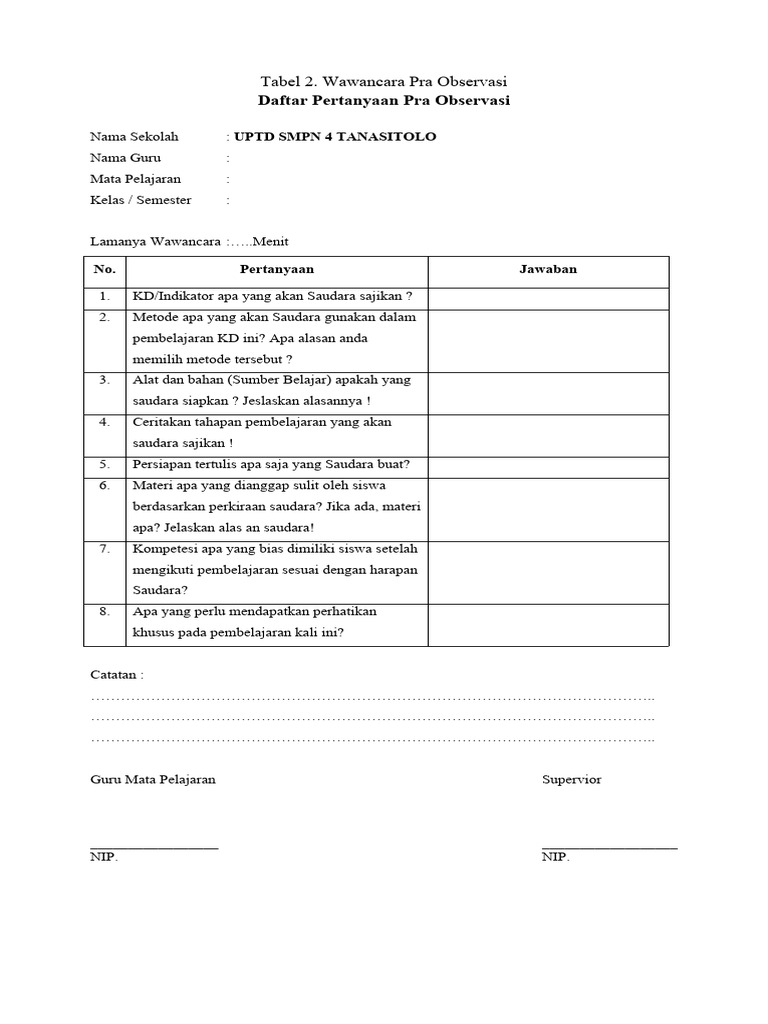 Lembaran Tabel Observasi | PDF
