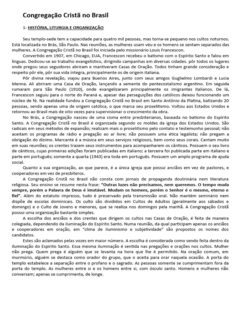 Congregação Cristã: História e Doutrinas | PDF | Famílias ...