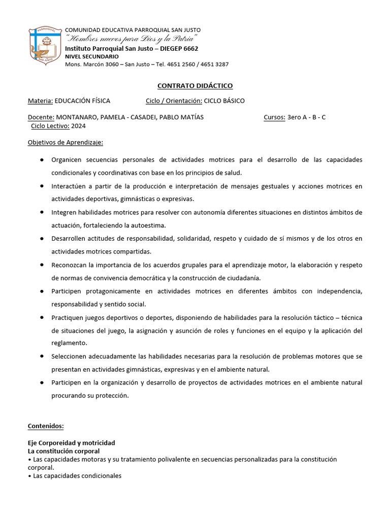 3ro Contrato Didáctico Educación Física IPSJ 2024 | PDF | Evaluación | Maestros