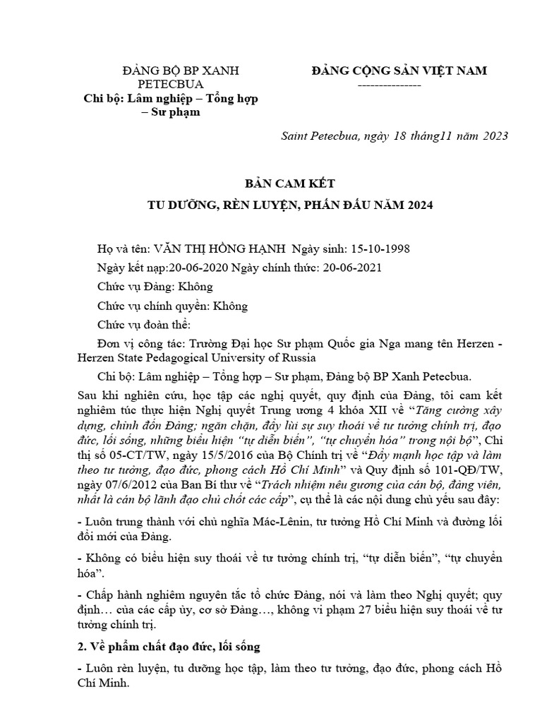 Mau cam ket tu duong ren luyen | PDF