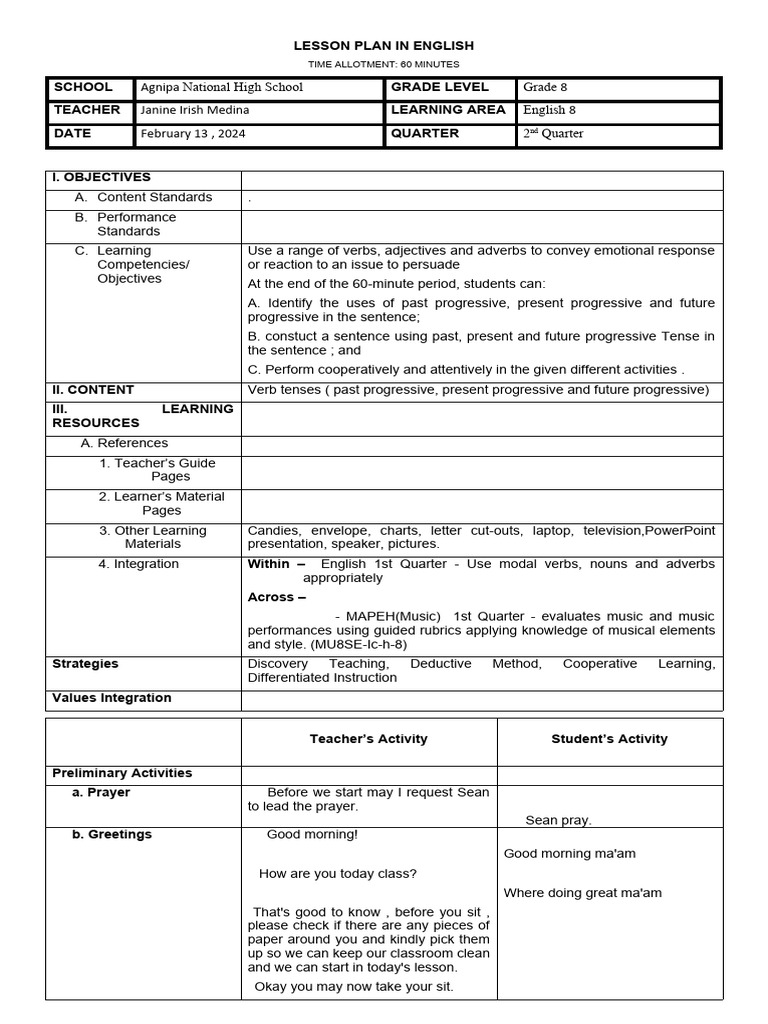 Lesson-Plan Janine Irish | PDF | Verb | Grammatical Tense