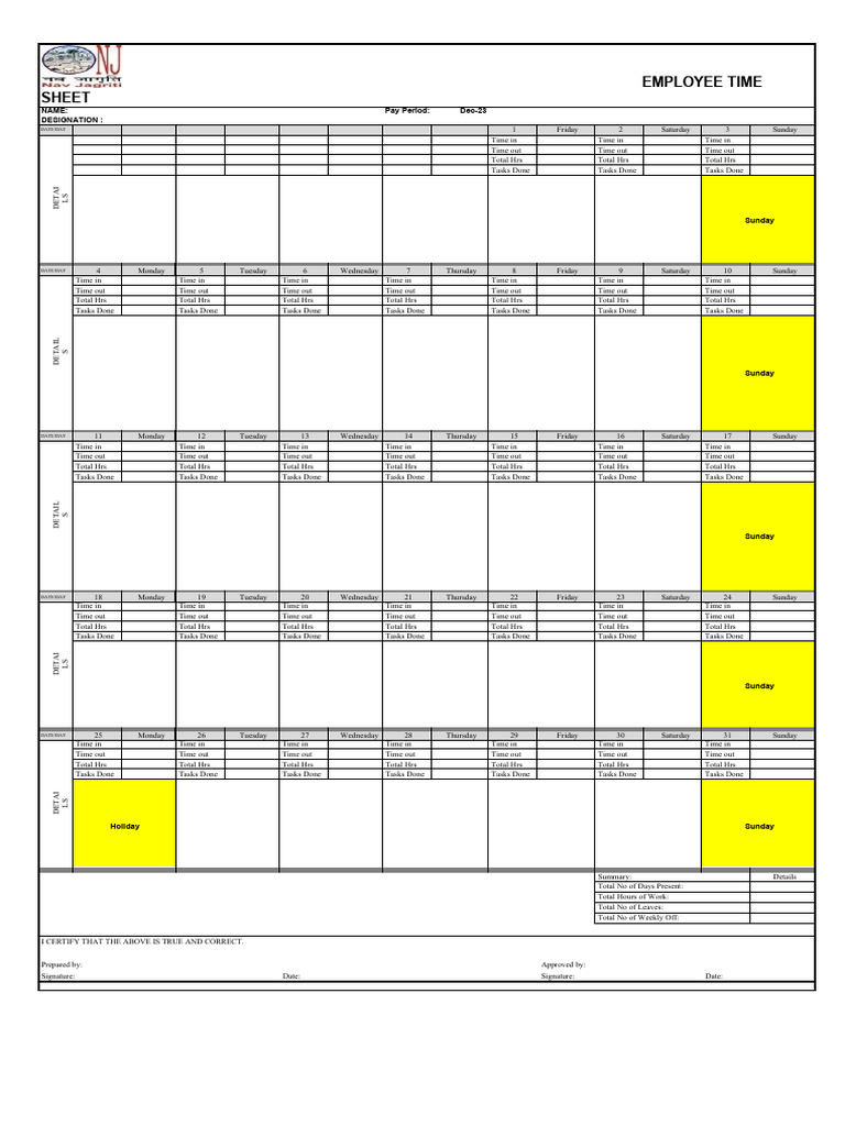 Nav Jagriti Timesheet - December'2023 | PDF