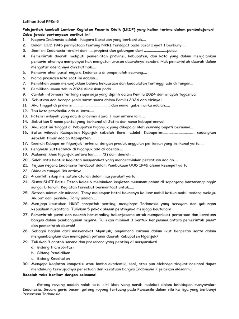 Latihan Soal STS 2 PPKn 6 2024 | PDF