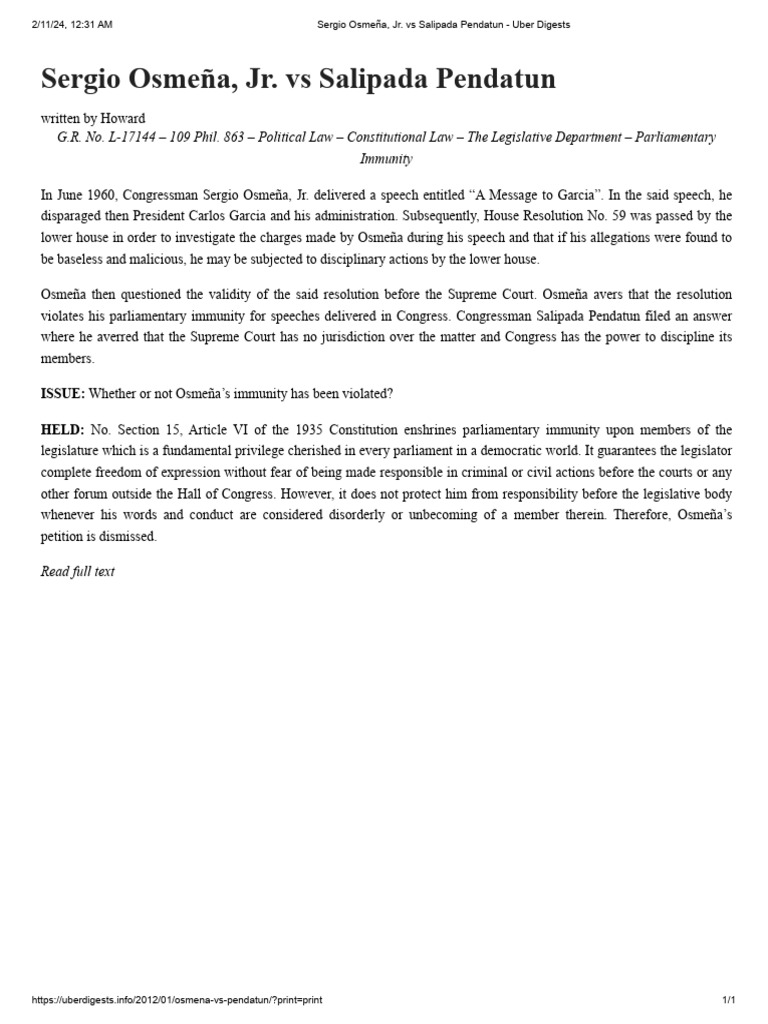 A6 S10-11 8. Sergio Osmeña, Jr. Vs Salipada Pendatun - Uber Digests | PDF