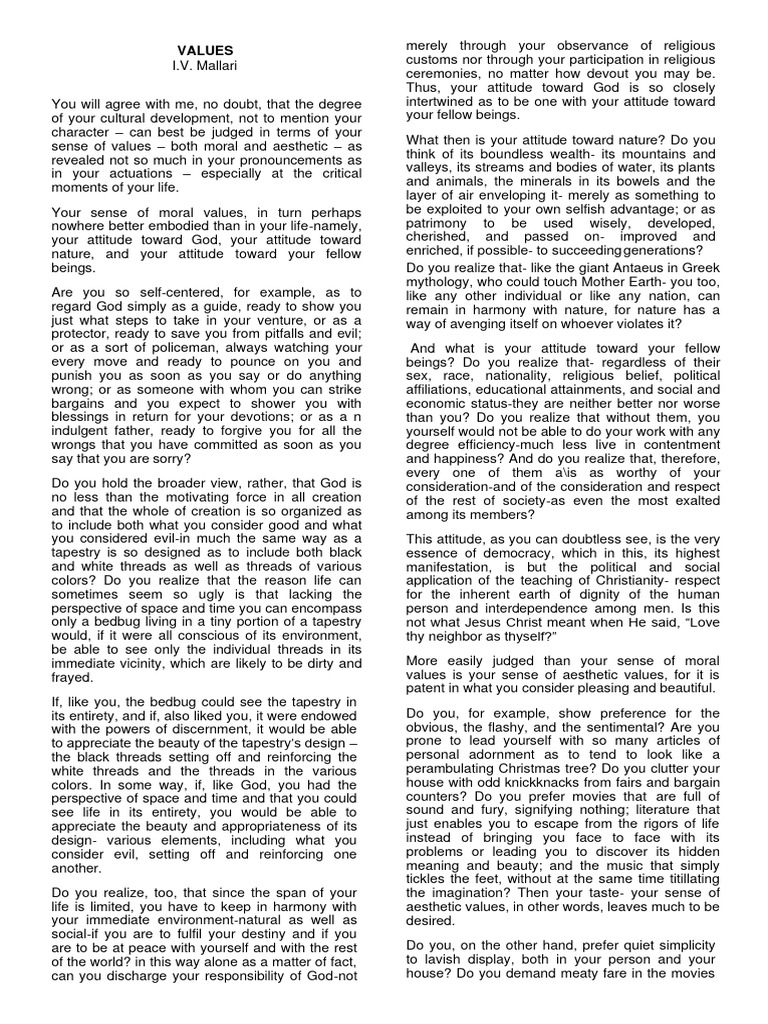 VALUES | PDF | Aesthetics | Experience