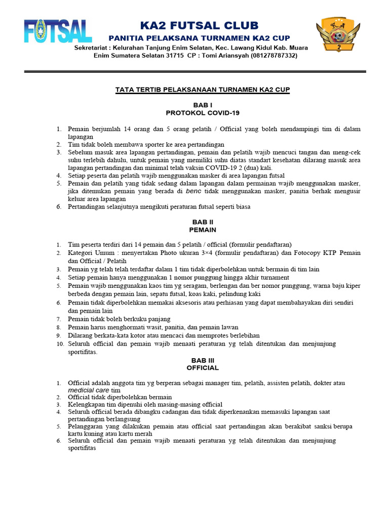 Protokol dan Aturan KA2 Cup Futsal | PDF