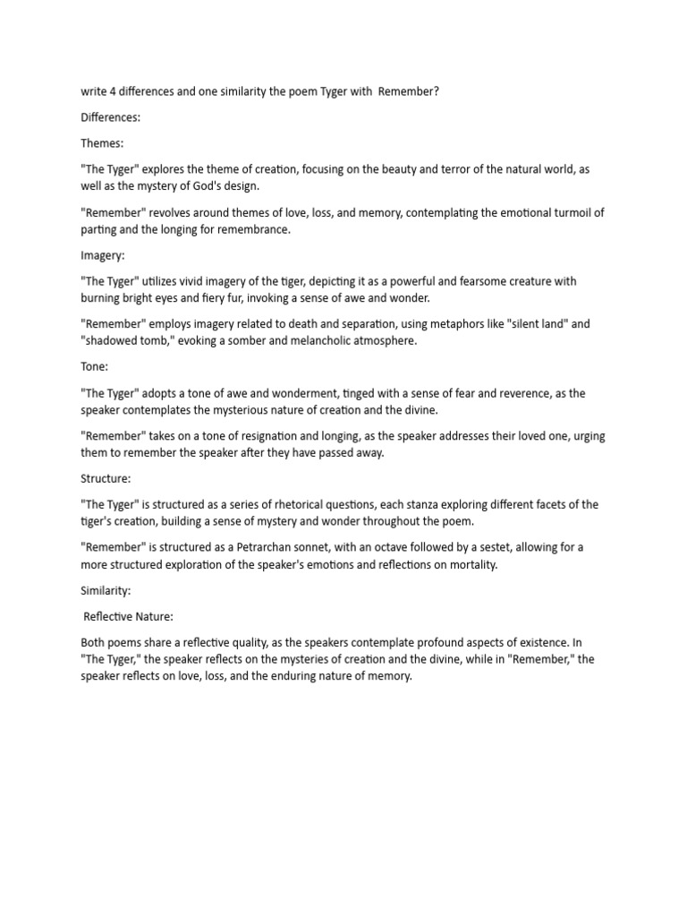 Write 4 Differences and One Similarity The Poem Tyger With Remember | PDF