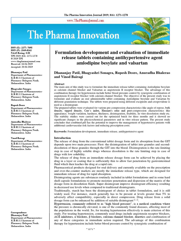 Formulation Development and Evaluation of Immediate Release Tablets ...