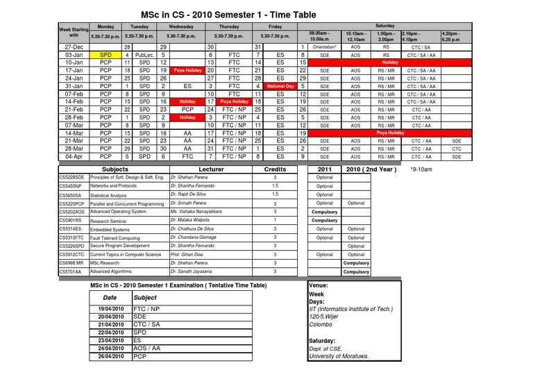 MSc2011 Semester1TimeTable | PDF | Computer Science | Digital Technology