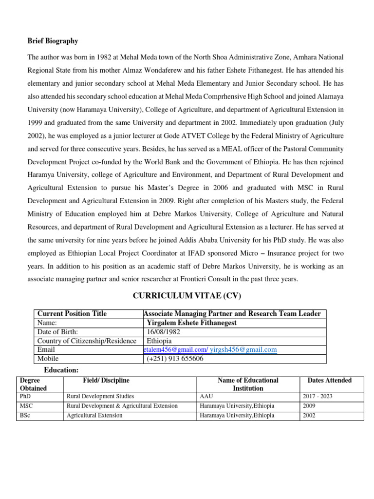 Biography Yirgalem Eshete Fithanegest | PDF | Agriculture | Food Security