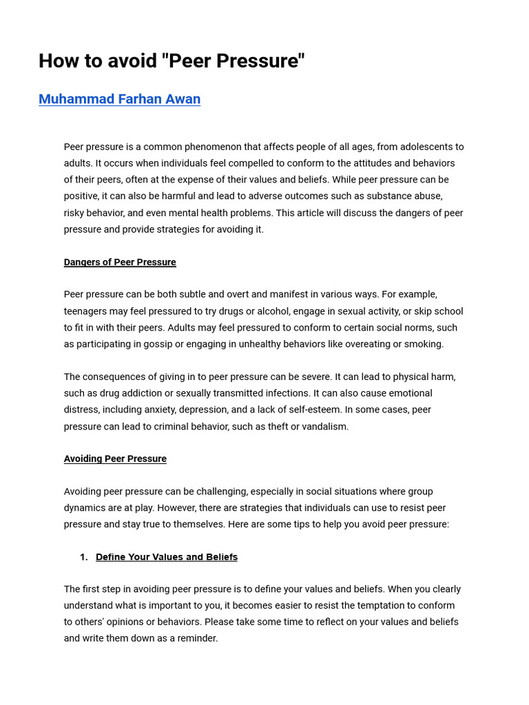 How To Avoid - Peer Pressure - . | PDF | Substance Abuse | Adolescence