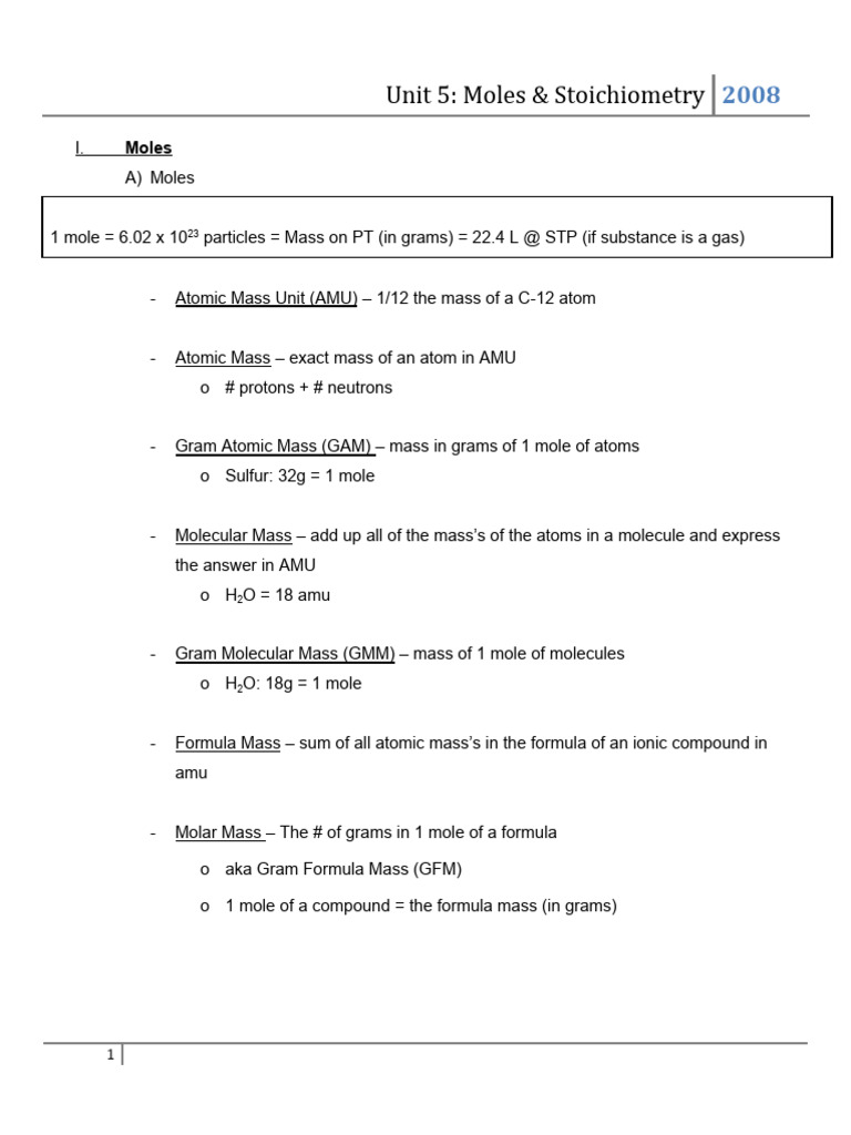Unit 5: Moles & Stoichiometry | PDF | Mole (Unit) | Stoichiometry