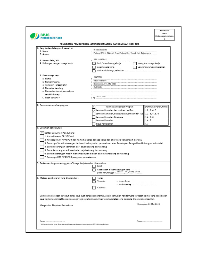 Formulir Pengajuan Jaminan Kematian BPJS | PDF