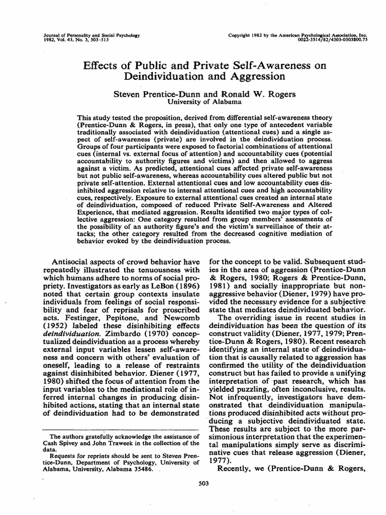 Effects of Public and Private Self-Awareness On Deindividuation and ...