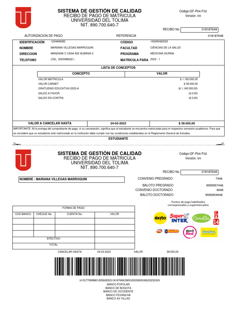 Recibo de Pago Medicina | PDF