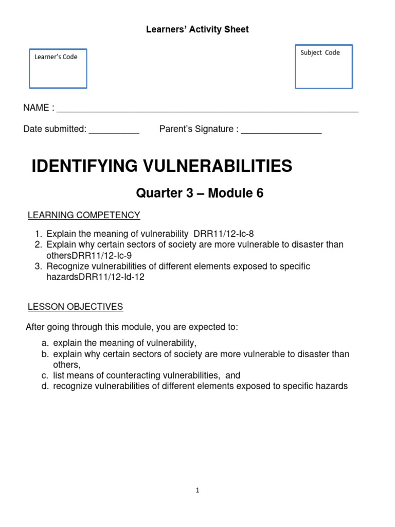 6 Q3M6 Identifying Vulnerability LAS | PDF | Vulnerability | Hazards