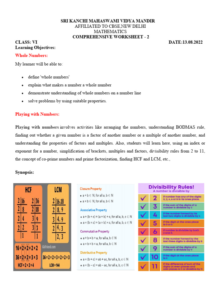 Maths Class 6 Comprehensive Worksheet - 2 | PDF