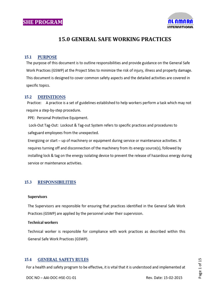 15 General Safe Work Practices | PDF