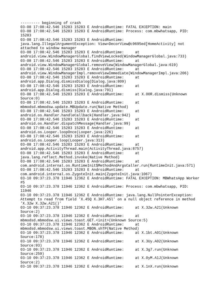 MBWhatsApp Crash Log Analysis | PDF | Java (Programming Language) | Android (Operating System)