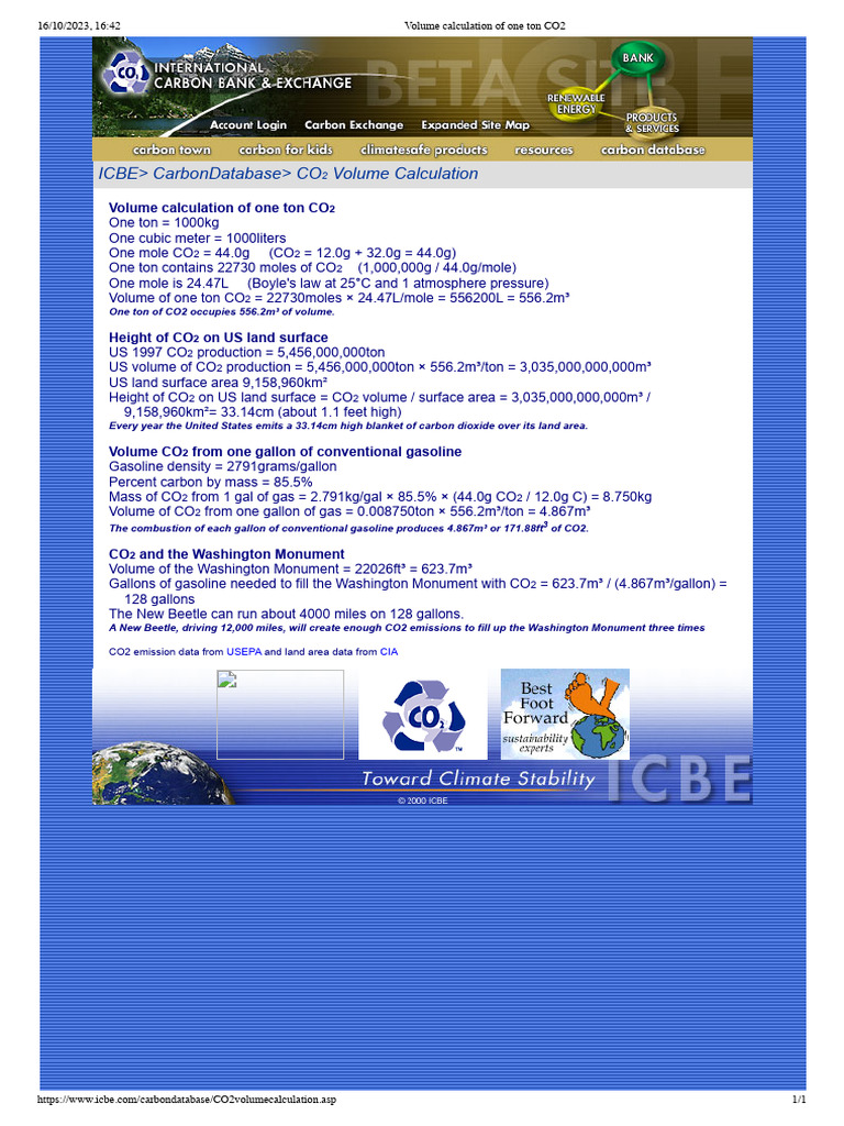 Volume Calculation of One Ton CO2 | PDF
