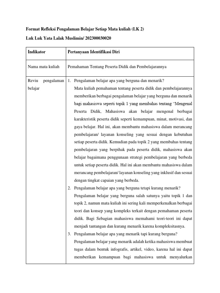 Refleksi Belajar: Pemahaman Peserta Didik | PDF | Karier & Perkembangan